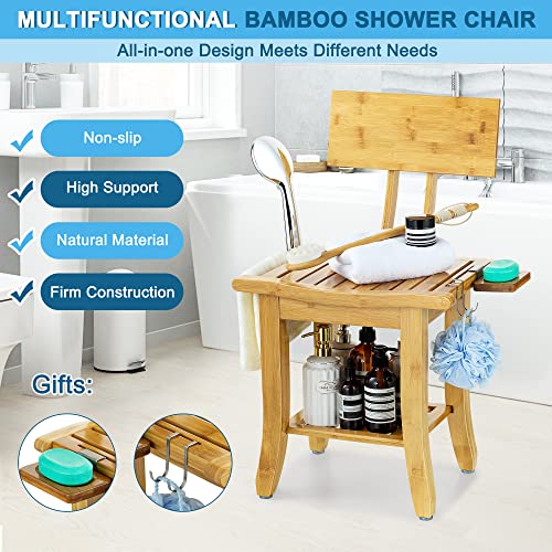 ETECHMART Bamboo Shower Bench with Back and Soap Dish, 2-Tier Shower Chair Bath Seat with Handle for Bathroom Bathtub Elderly Disabled, Waterproof Wood Spa Stool for Inside Shower Legs Shaving, Bamboo