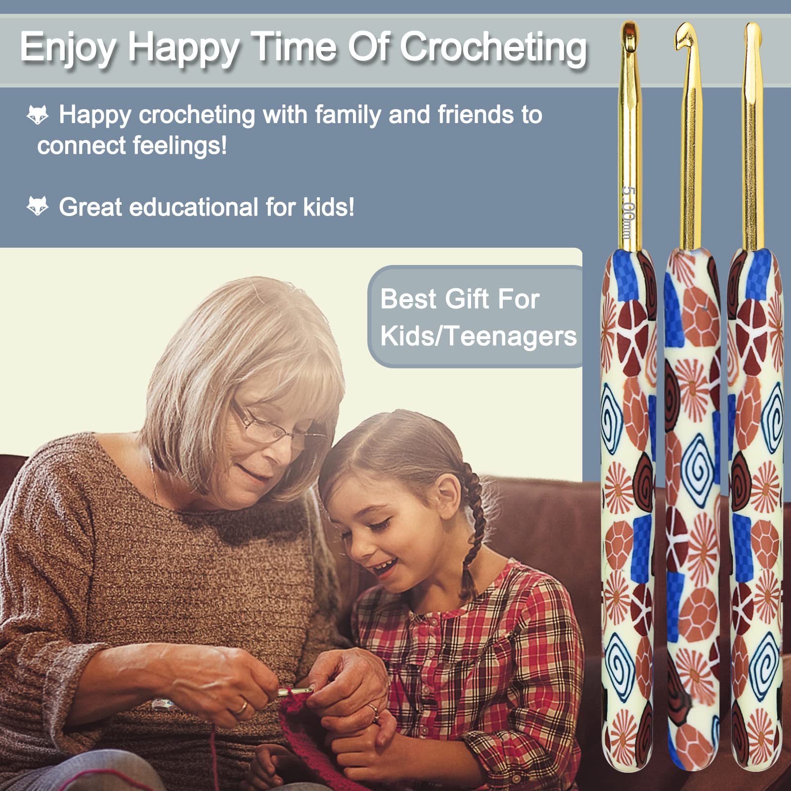 Coopay Warm Crochet Hooks Crocheting, Extra Long Crochet Hook Set for Arthritic Hands, 2.25mm to 8.0mm, 12 pcs Crochet Kit Ergonomic Grips for DIY Craft Yarn, Animal Pattern