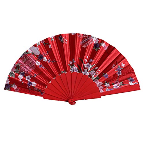 Dance Hand Party Held Flower Fan Style Wedding Lace Folding Silk Chinese Fans Metal Fans Oscillating with Remote (Red-0, One Size)