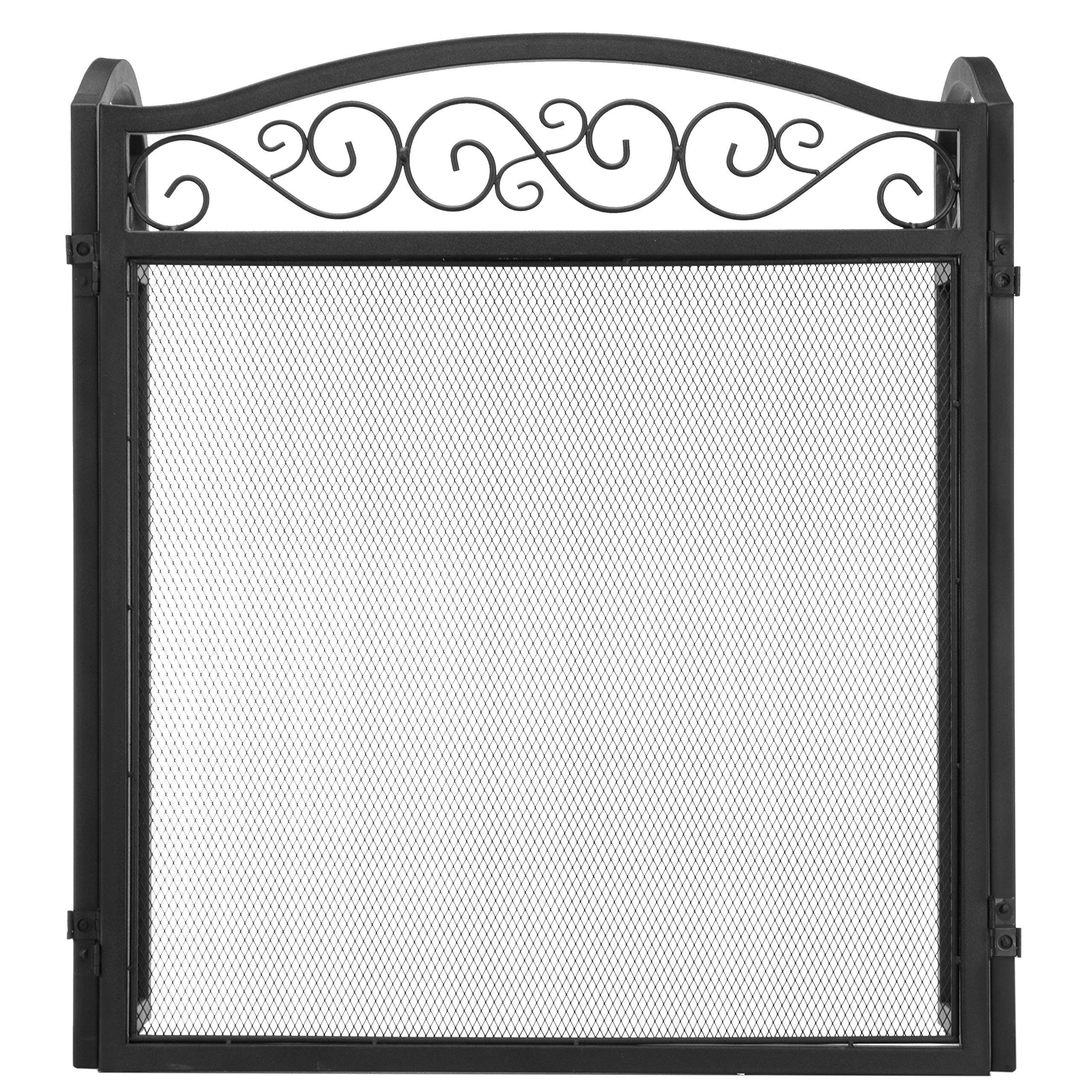 MyGift Black Wrought Iron 3 Panel Arched Fireplace Screen, Metal Mesh Screen Fire Spark Guard for Indoor Fireplace with Decorative Scrollwork Design