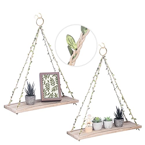 Hanging Shelves for Wall & Window Plant Shelf Indoor - Floating Wall Shelves for Bedroom Bathroom Living Room - Macrame Wall Hanging Shelf - Boho Wall Decor Home (leaf rope, light color,Large*2)