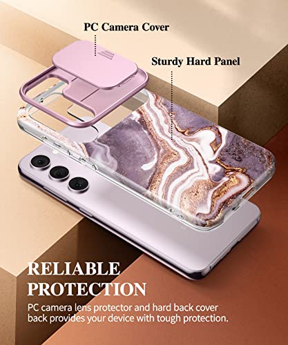 GVIEWIN Compatible with Samsung Galaxy S23 Case with Slide Camera Cover + Screen Protector, [10FT Military-Grade Drop Tested] Marble Slim Fit Shockproof Protective Phone Case 6.1" 2023(Burgundy/Gold)