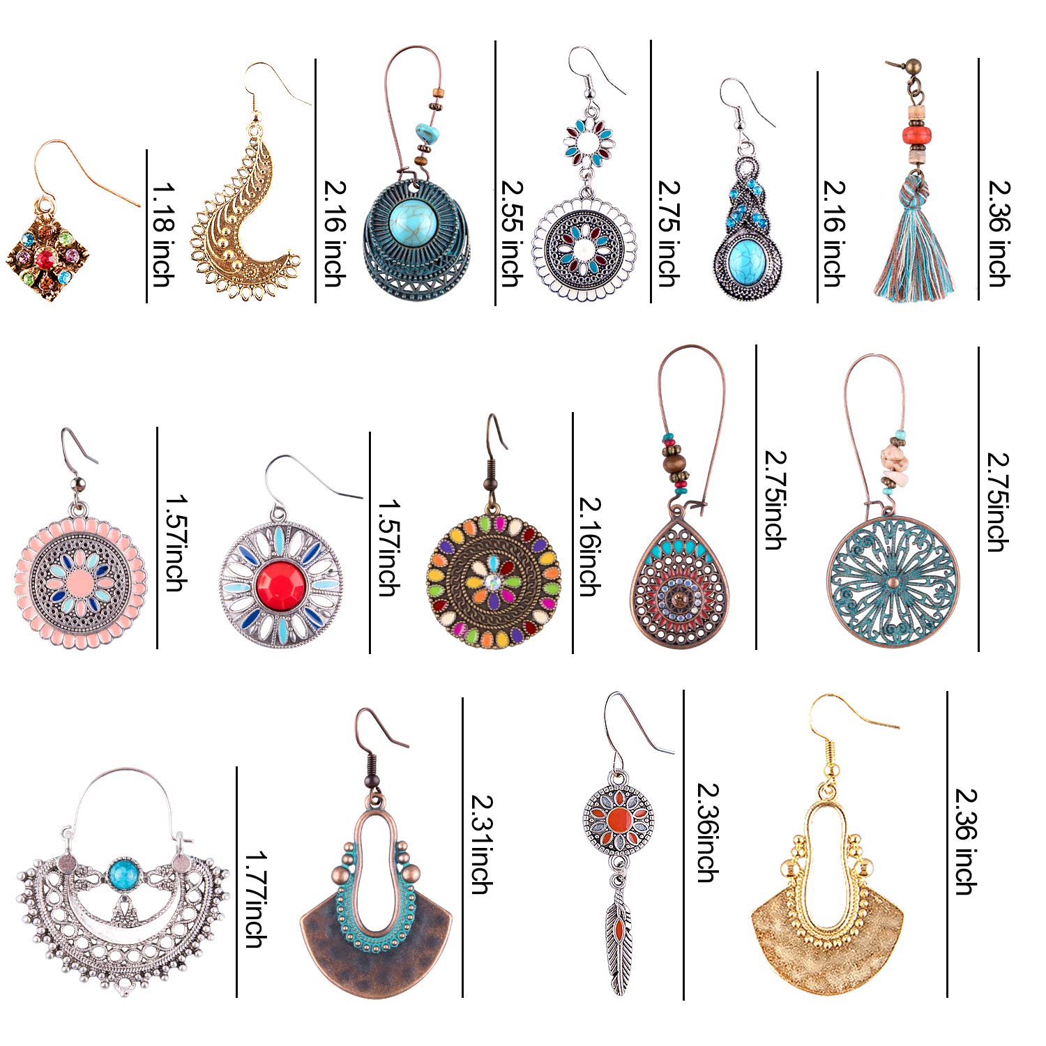 Duufin 15 Pairs Boho Earrings Vintage Bohemian Earrings Drop Dangle Earring Statement Earring Set with a Box for Women and Girls