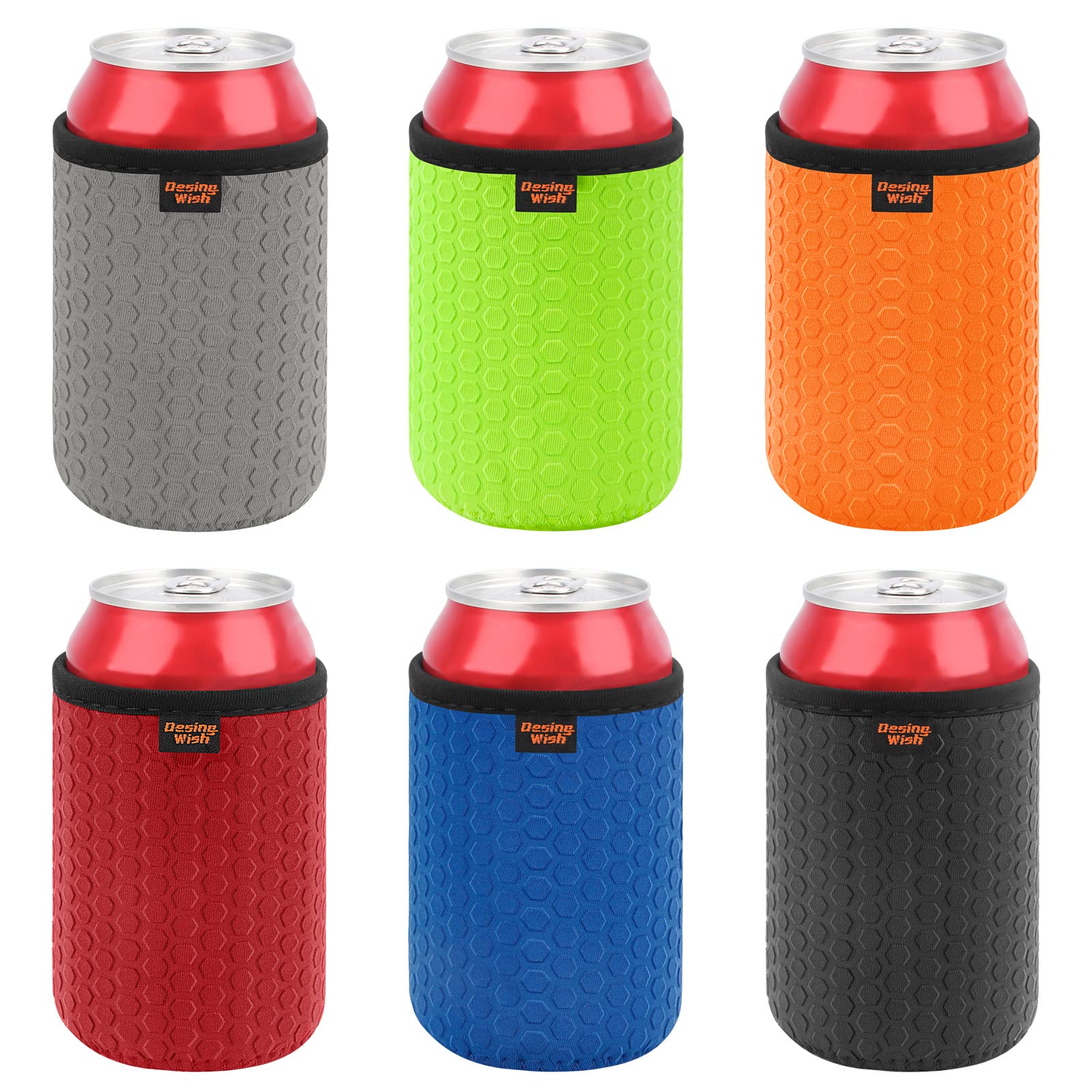 Desing Wish 12oz Standard Can Cooler Sleeve Holder Honeycomb Embossing Soda Can Cooler Insulated Sleeves Covers Non-slip Neoprene Drink Can/Bottle Holder 6 Pack (Black/Red/Blue/Orange/Green/Grey)