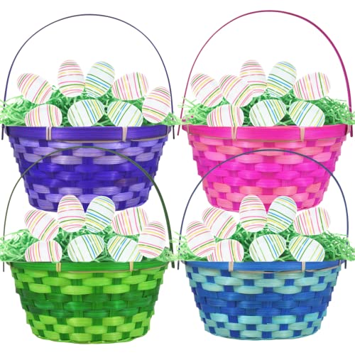 GS Woven Bright Bamboo Easter Baskets (2pcs.) & Easter Grass (2 packs) with Printed Fillable Easter Eggs, Assorted Round Colorful Hinged Handles Perfect for Picnic Party Decorations Storage Gifts