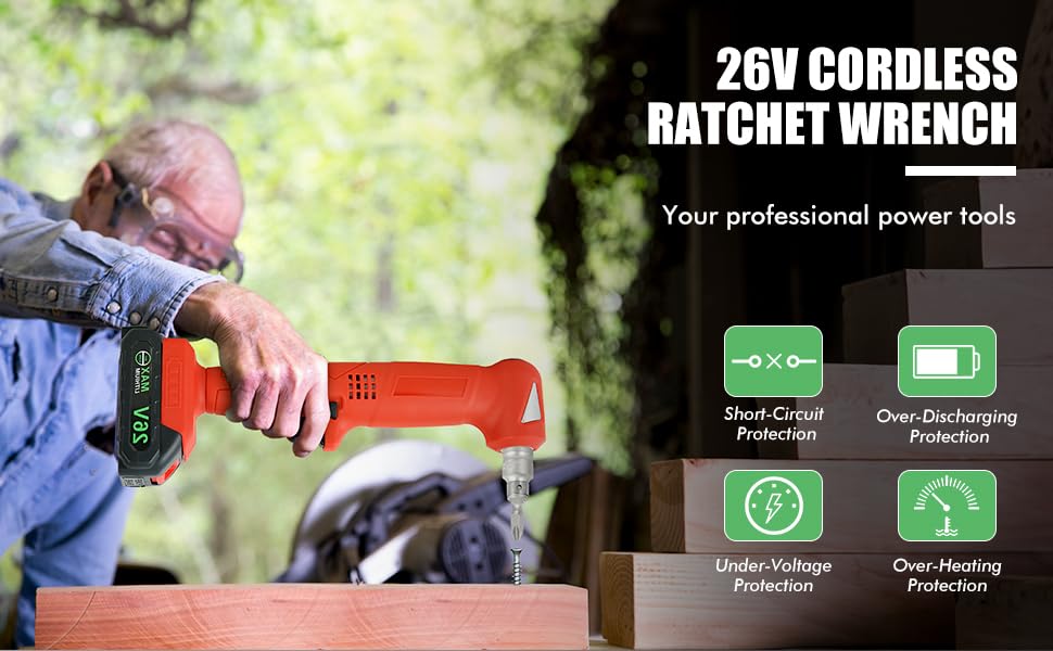 gangqiao Cordless Electric Ratchet Wrench, 90° Angular Impact 3/8 inch 88.5Ft-lbs 2100 RPM 26V Power Ratchet Wrench Kit w/ 2-Pack 3.0Ah Lithium-Ion Batteries 30-Min Fast Charge Variable Speed Trigger