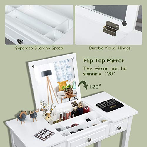CHARMAID Makeup Vanity Desk with Flip Top Mirror and 3 Drawers, 7 Storage Compartments, White Writing Desk Dressing Table Vanity Set with Cushioned Stool for Kids Girls Women, Easy Assembly