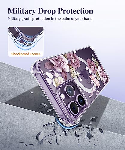 GVIEWIN for iPhone 14 ProMax Case Compatible with MagSafe, [Screen Protector + Camera Lens Protector] [MIL-Grade Protection] Magnetic Floral Clear Shockproof Women Phone Case for 14 Pro Max(Purple)