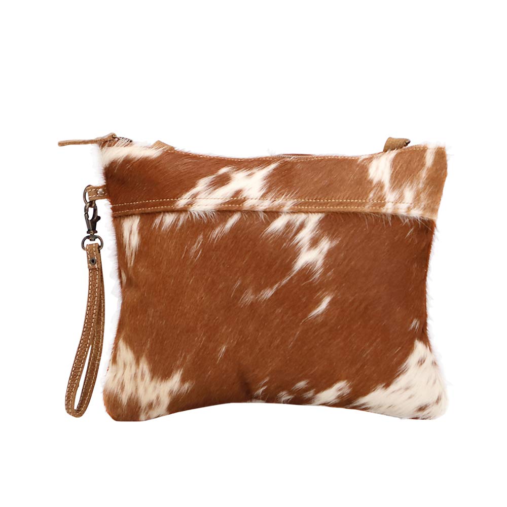 Myra Bag Ivory & Drab Upcycled Leather & Cowhide Wristlet Pouch Bag S-1491