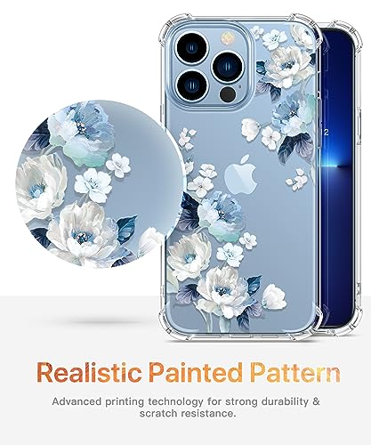 GVIEWIN for iPhone 13 Pro Case with Screen Protector & Camera Lens Protector, [10FT Military Grade Drop Protection] Clear Shockproof Slim Fit Floral Phone Case for Women Girls (Rosa Chinensis/Blue)