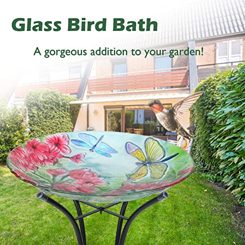 Glass Bird Baths for Outdoors, Outside Birdbaths Garden Bird Feeder with Metal Stand for Garden Patio Lawn Yard Decor 17.7" Dia 20.8β Height Dragonfly