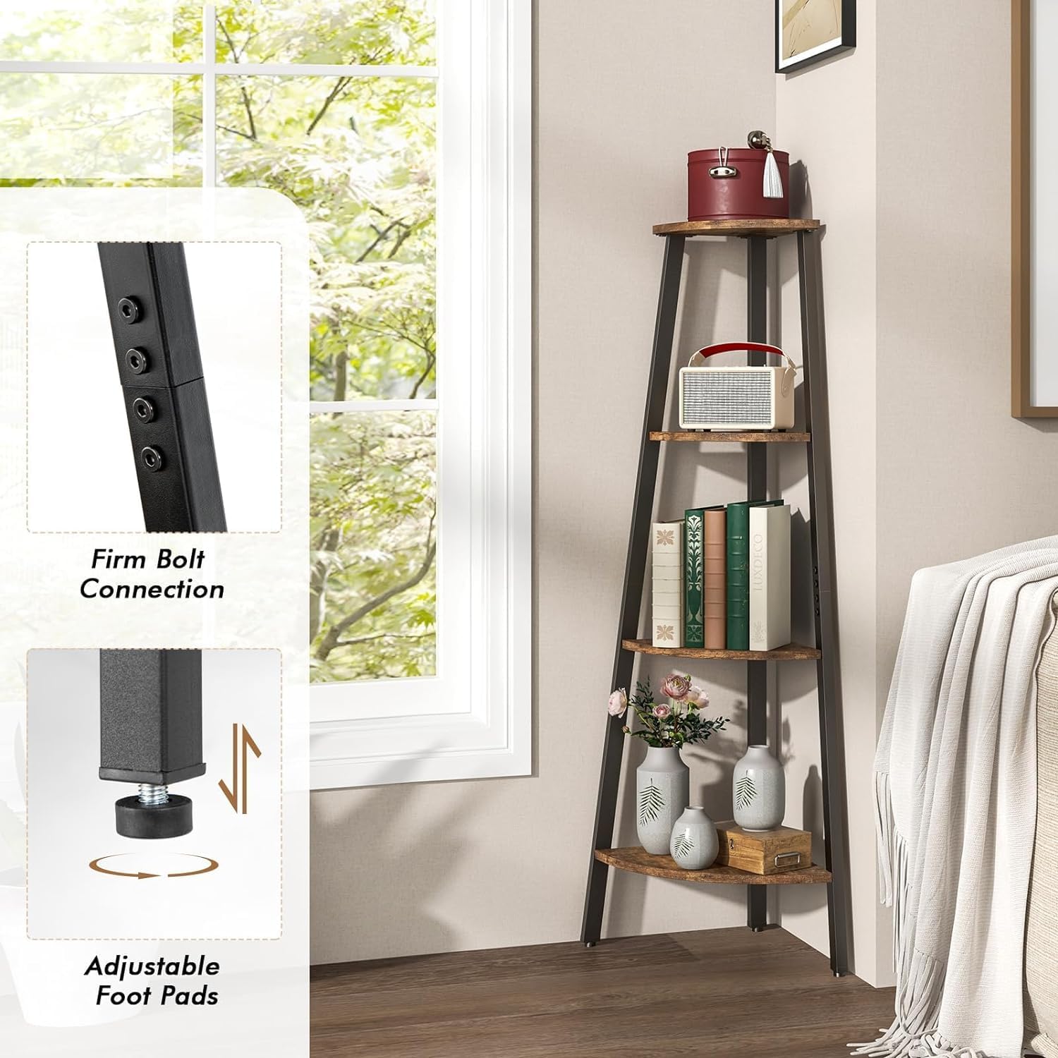 Flyxiregg 4-Tier Corner Shelf Bookshelf Corner Book Storage Shelves Open Stand Bookcase Plant Standing Shelf for Small Spaces (Greige)