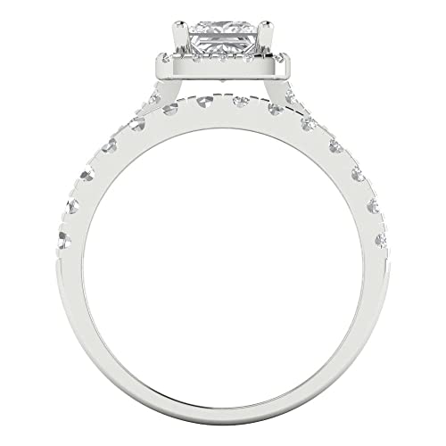 Clara Pucci 1.57ct Princess Cut Halo Solitaire with Accent Stunning Moissanite Diamond Statement Bridal Ring Band Set 14k White Gold 8.25