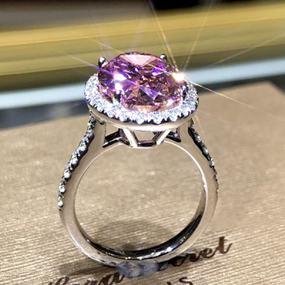 DONGYUANXU Full Diamond Micro Set 4 Carat Egg shaped Diamond Colored Pink Zircon Celebrity Diamond Ring Engagement Women's Wedding Diamond Ring Emerald Set Princess Diamond Ring PINK(US Code 8)