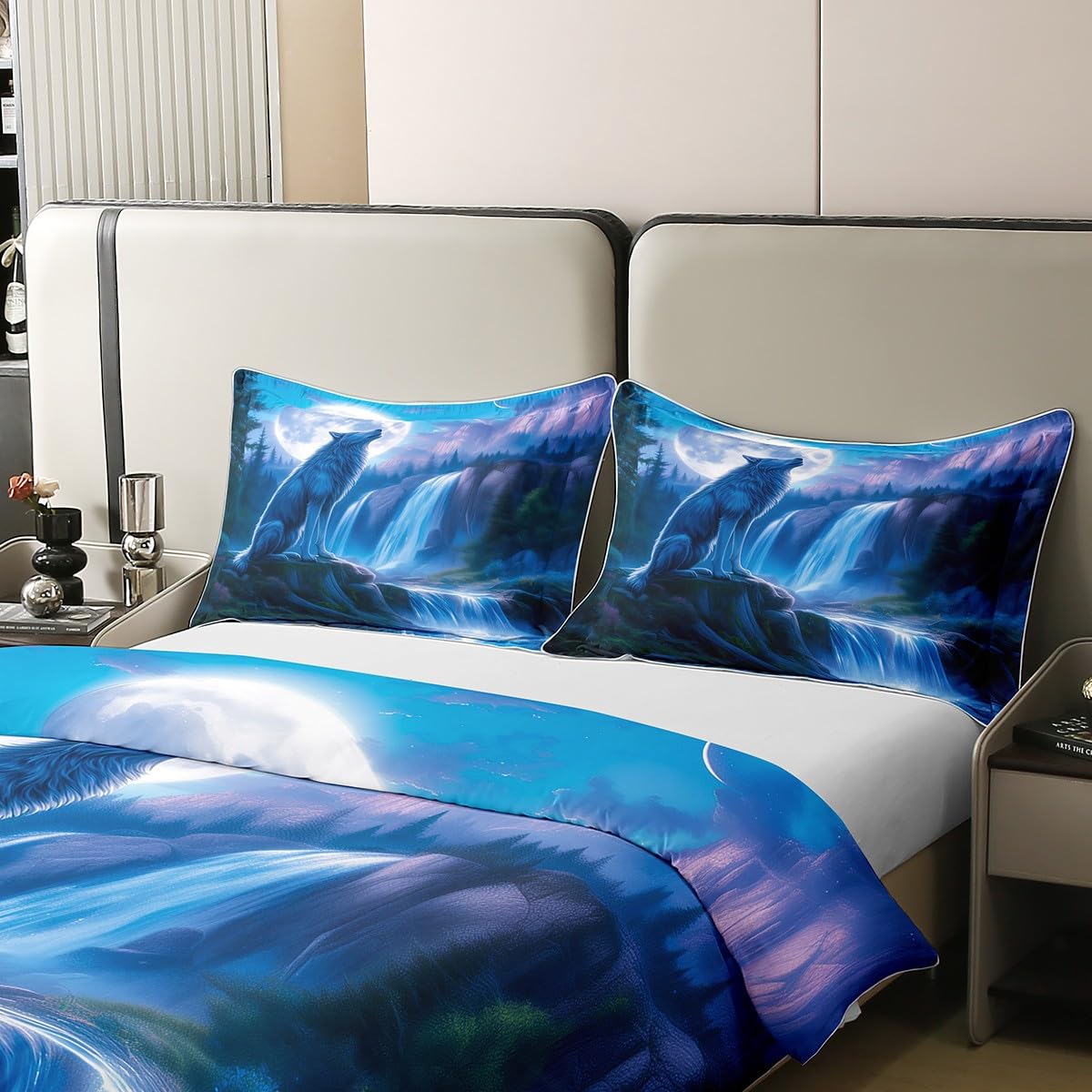 Feelyou Wolf Bedding Set King Size Wolves Howling Comforter Cover Set Animal Wolves 100% Cotton Duvet Cover Mountain Moon Wolf Bedspread Cover Room Black Blue Decor Quilt Cover,No Comforter