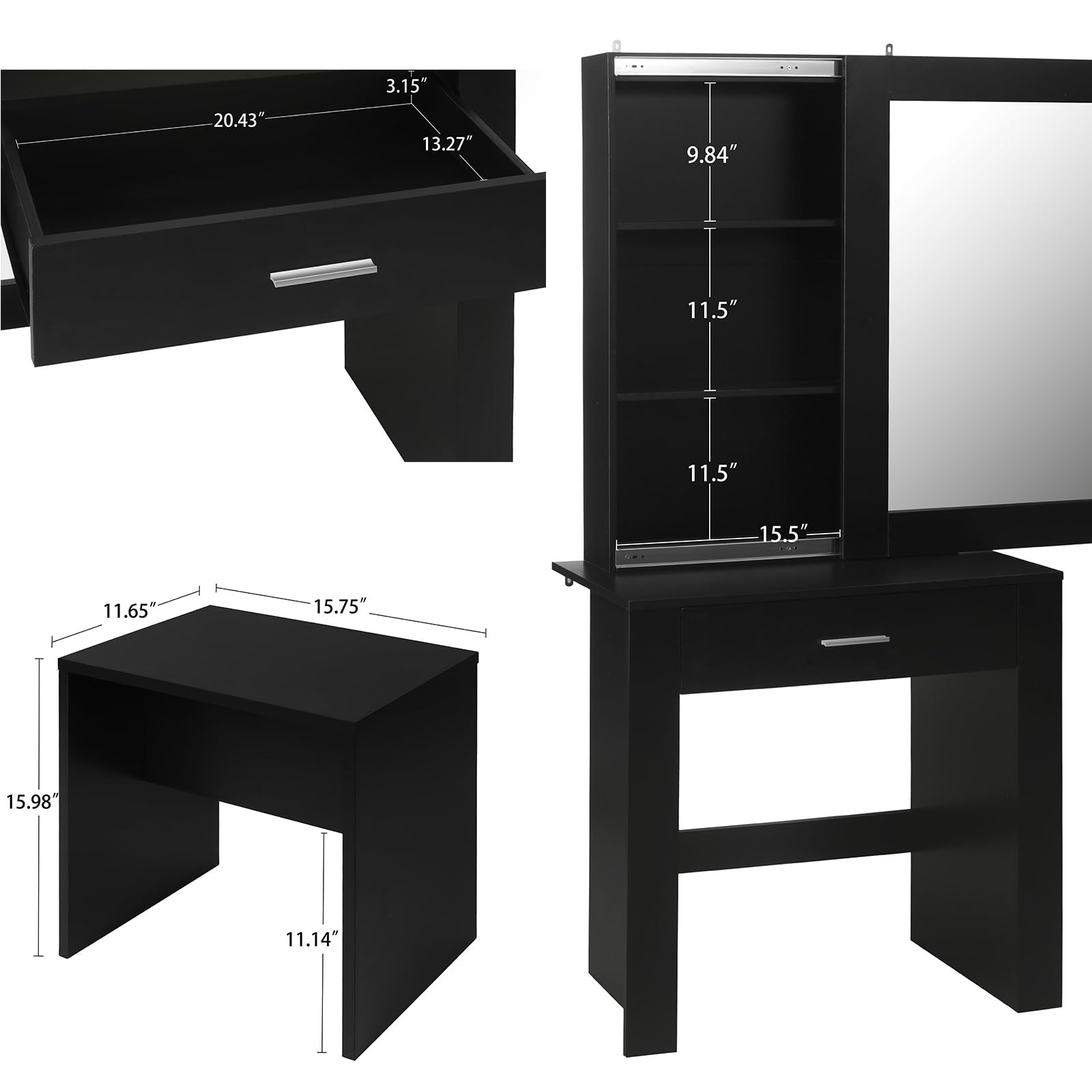 PHPMFTOS Makeup Vanity Desk with Mirror and Stool Bedroom Dressing Table with Storage Shelves Drawer Vanity Set for Women (Black)