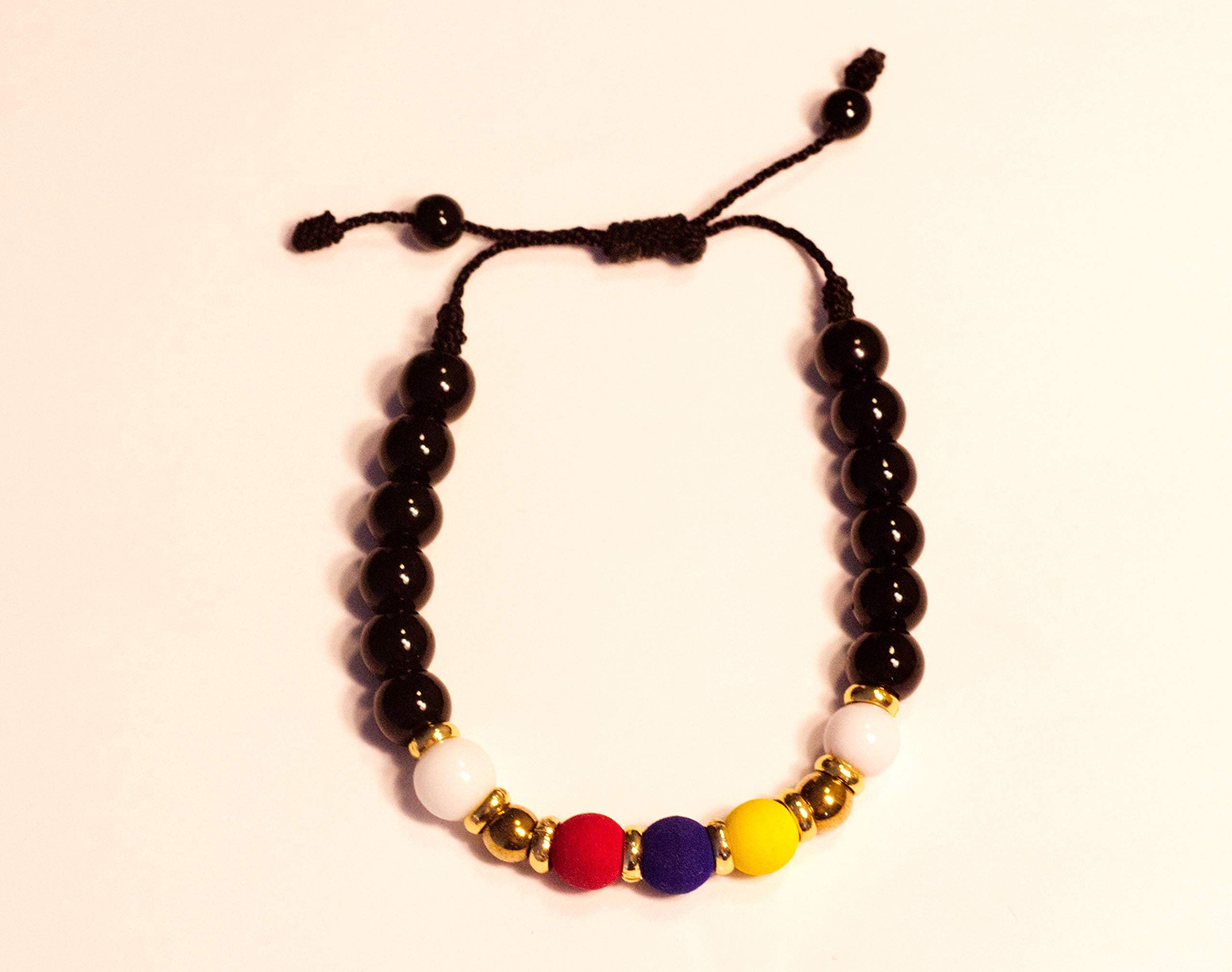 CharmsOfTheWorld Handmade Bracelet from Medellin - Colombia Flag Colors - Cat's eye gemstone and steel beads - Sliding Knot