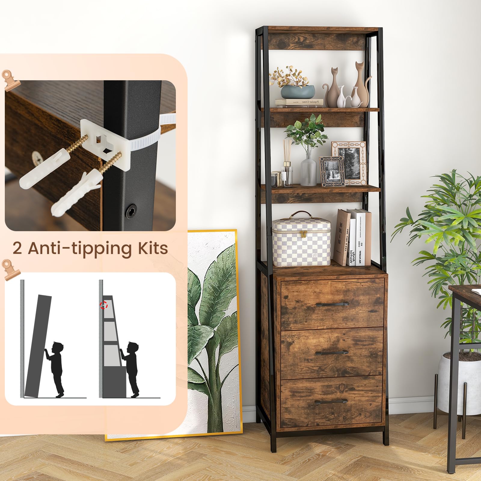 Giantex Ladder Bookshelf with Drawers, 69" Tall Wooden Bookcase with 4 Shelves, Modern Book Shelf Storage Organizer Unit, Freestanding Display Shelving Rack for Living Room, Bedroom (Rustic Brown)