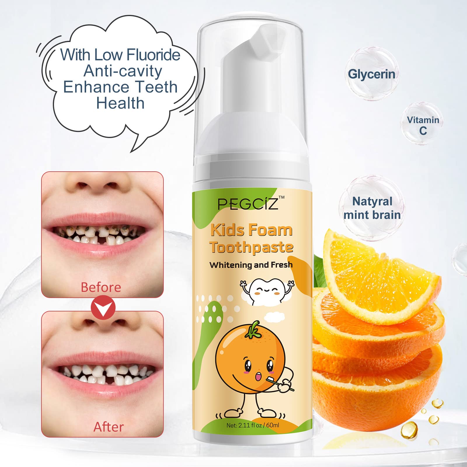 Foam Toothpaste Kids 6 Pack, Toddler Toothpaste with Low Fluoride for U Shaped Toothbrush, Foaming Toothpaste and Mouthwash for Dental Care for Children