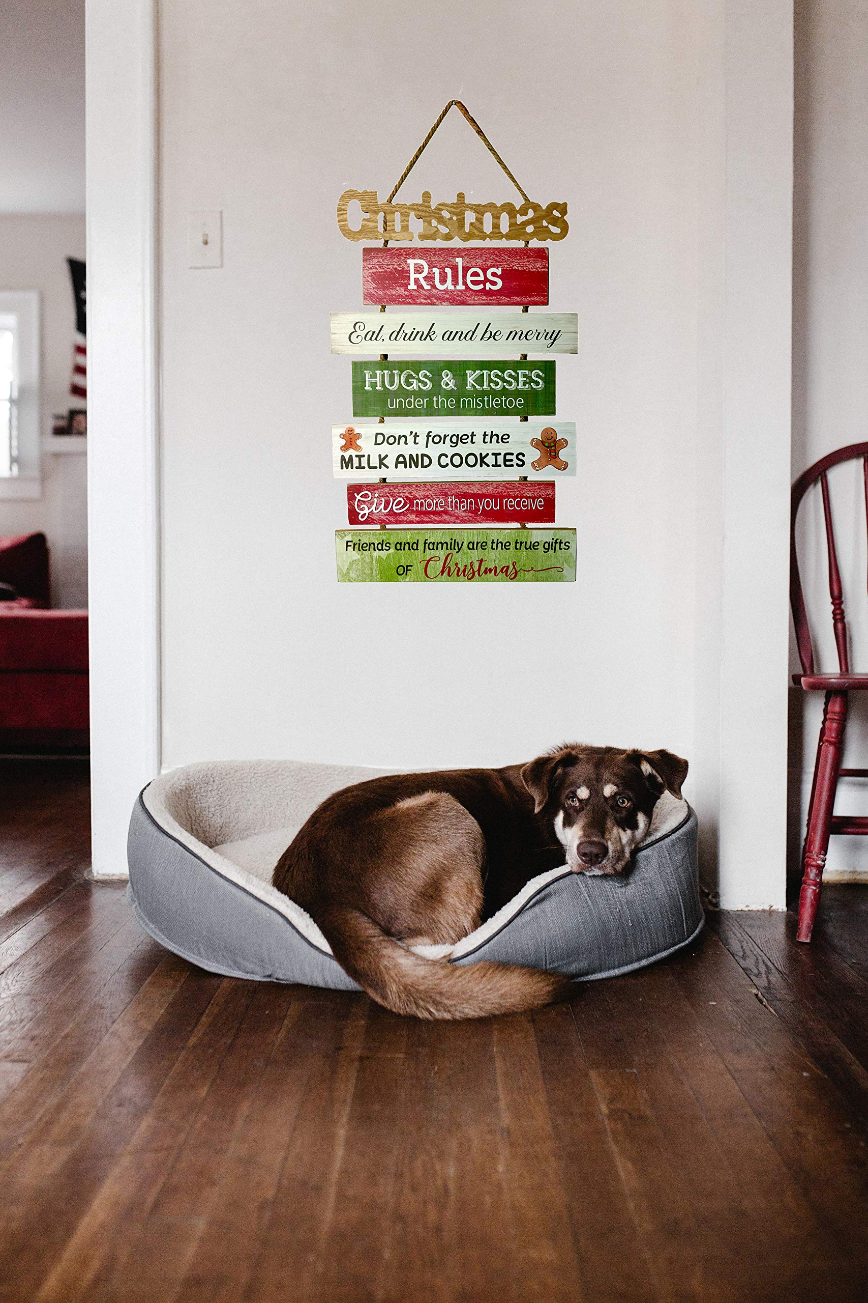 Christmas Wood Wall Decor Hanging Sign, Rustic Wooden Plaque, Holiday Rules 23" x 13.75" Jute Hanger