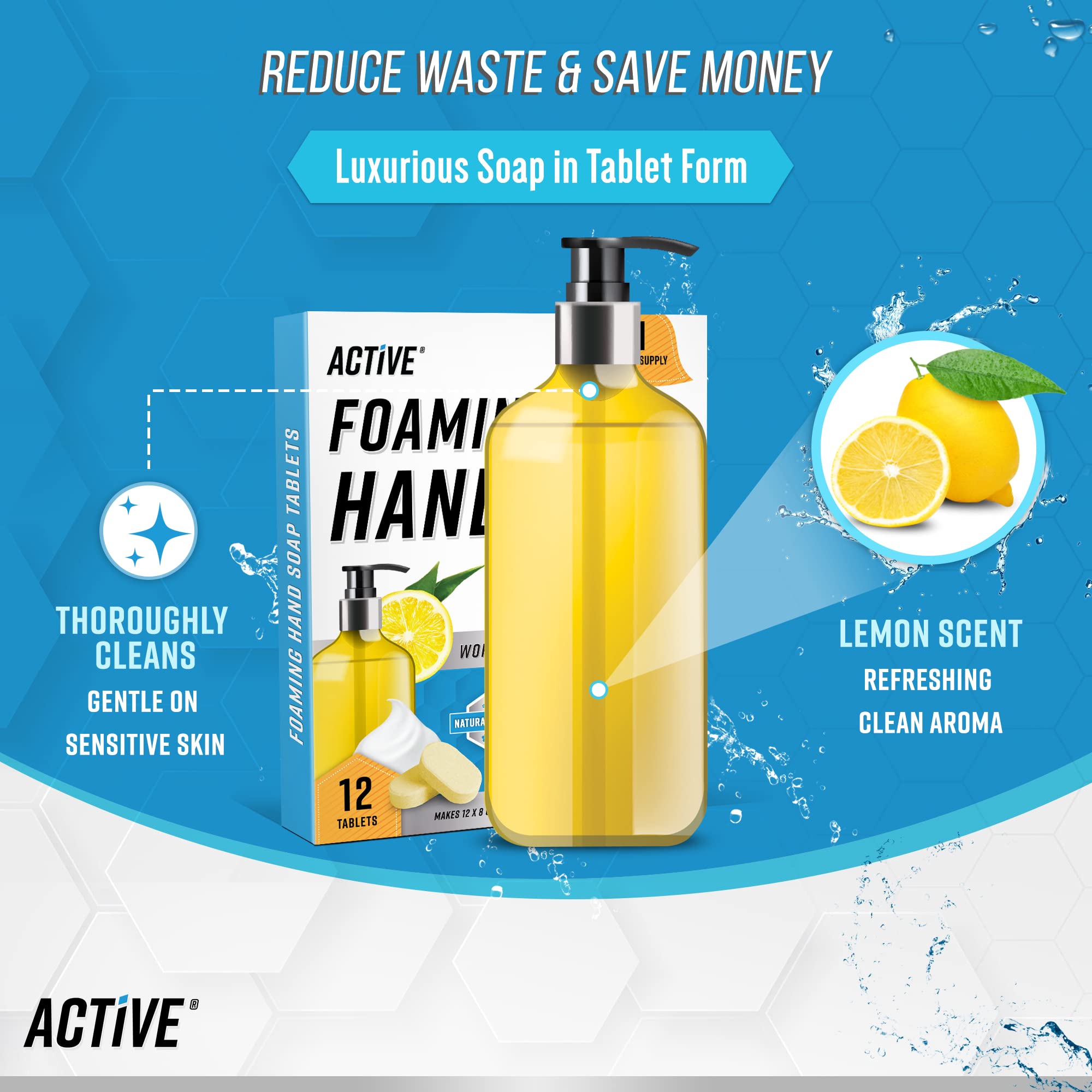Foaming Hand Soap Tablet Refill - 12 Pack Eco Friendly Hand Wash Tablets, Zero Waste Handwash Concentrate - Equivalent To 96 Fl Oz Liquid (Fills 12 X 8 fl oz Refillable Foam Dispenser) - Lemon Scent