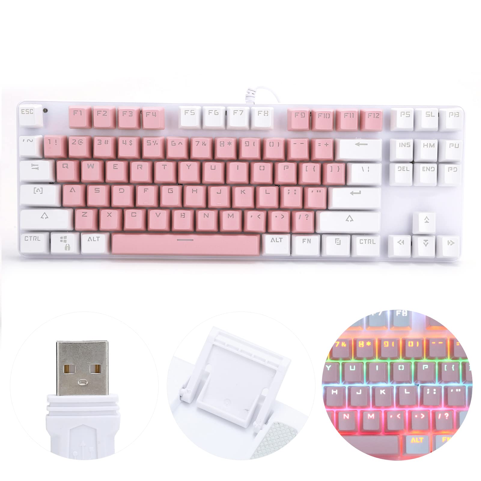Gaming Keyboard, 87 Keys USB Wired Blue Switch Mechanical Keyboard, White and Pink Keycaps Sakura Keyboard, for Laptop Computer etc(Pink with White)