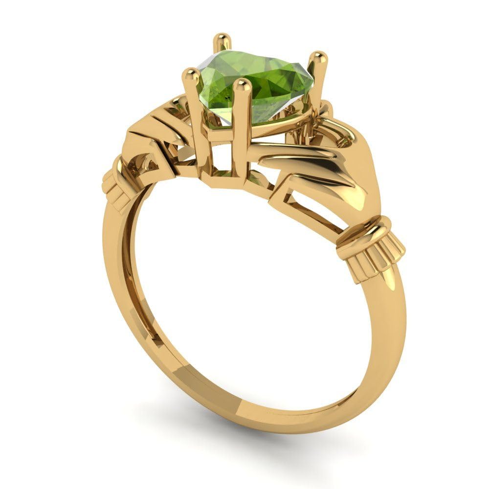 Clara Pucci 1.52ct Heart Cut Irish Celtic Claddagh Solitaire Genuine Natural Pure Green Peridot designer Modern Ring 14k Yellow Gold