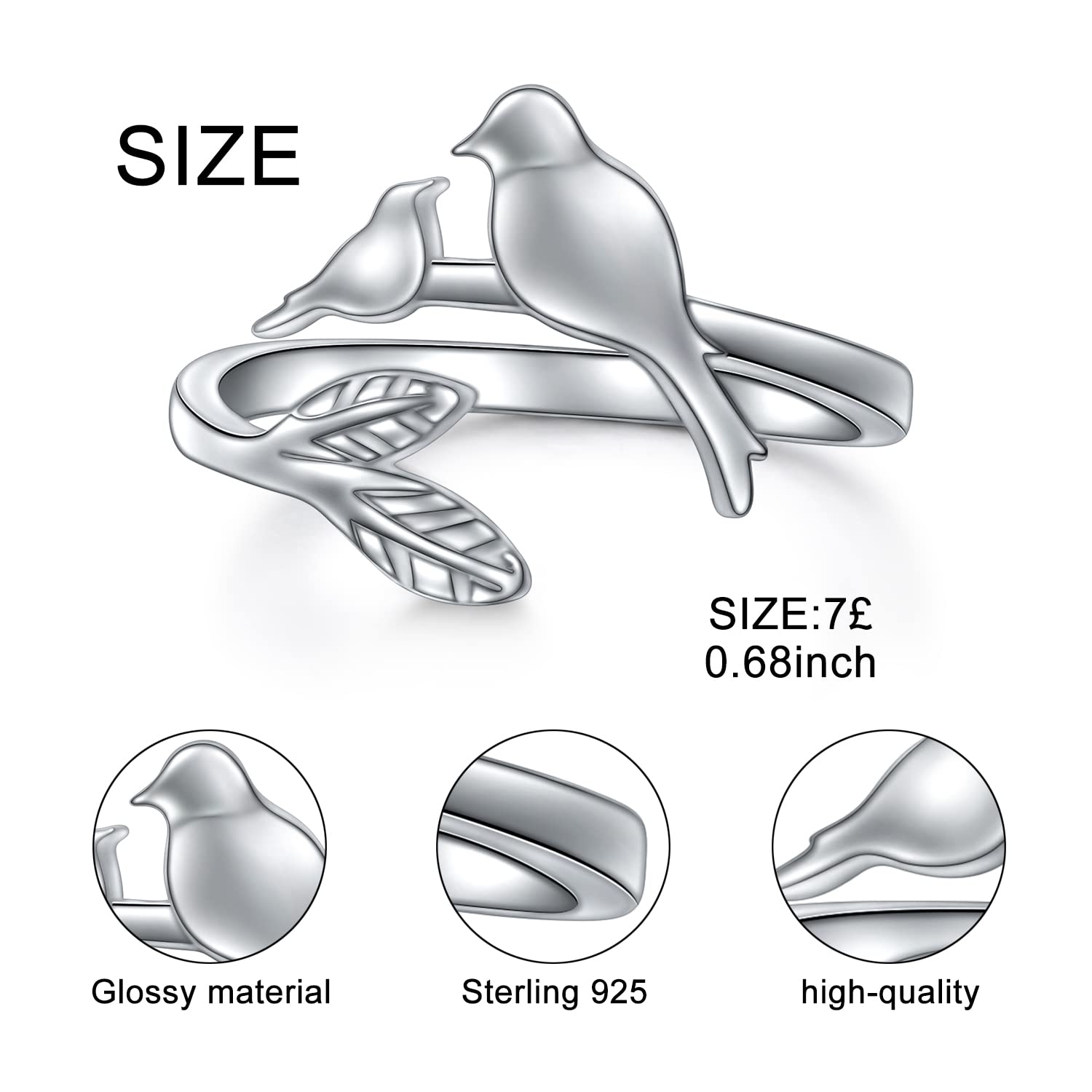 DAOCHONG Open Bird Ring 925 Sterling Silver 2 Birds on A Branch Animal Rings Jewelry Gift for Women