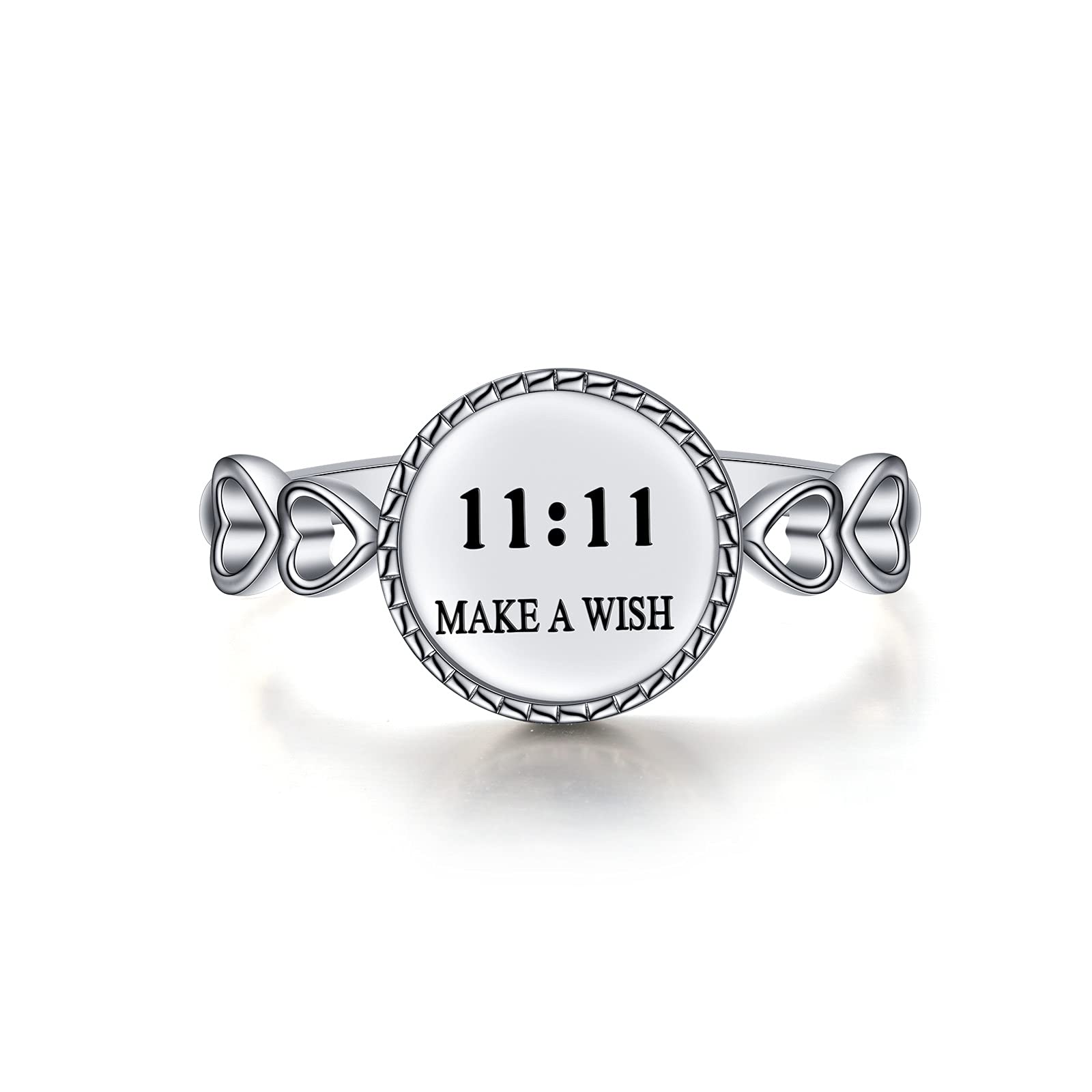 DAOCHONG S925 Sterling Silver 11:11 Make a Wish Lucky Funny Ring Heart Band for Women Jewelry Gift