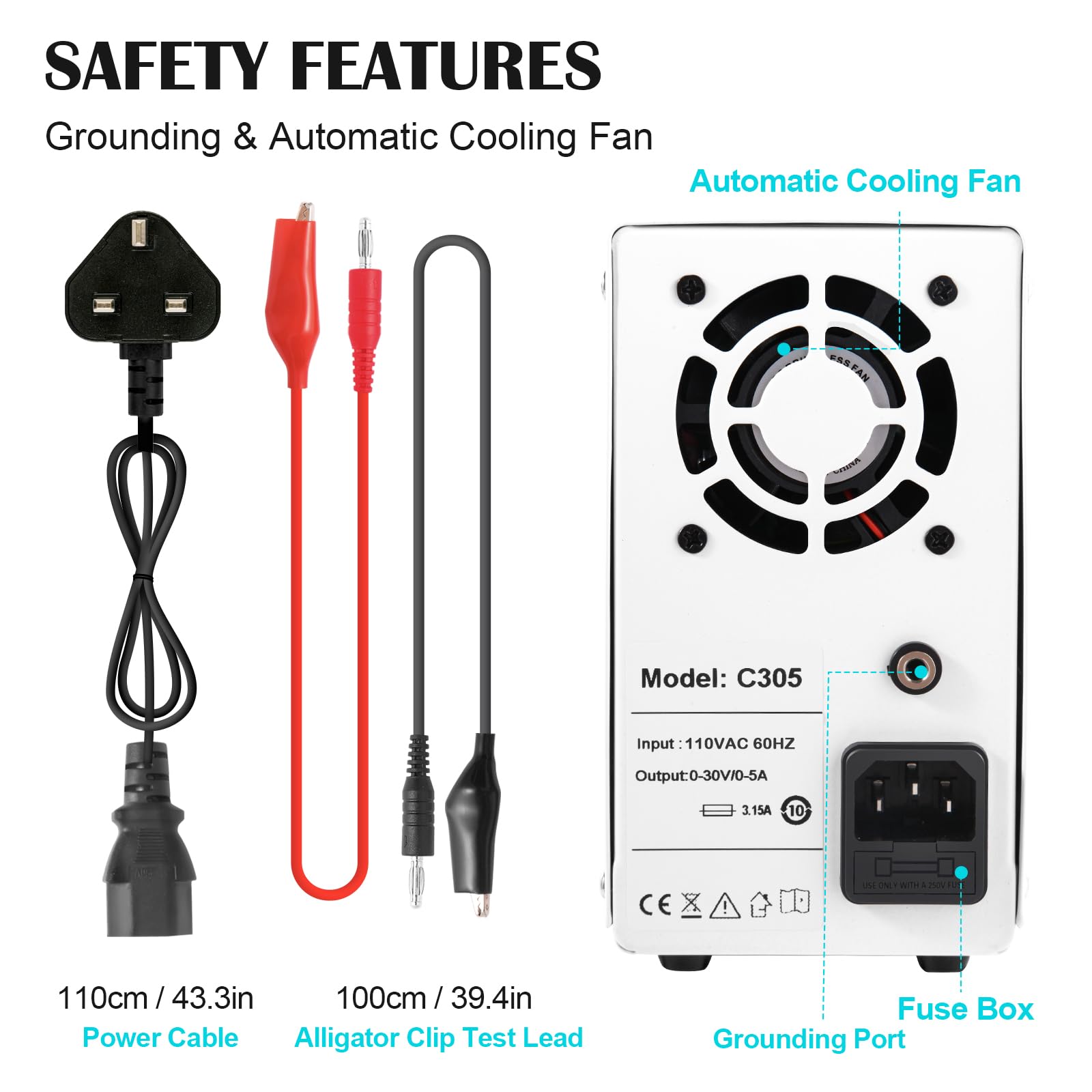 FEITA C305 DC Power Variable Supply Adjustable 30V 5A High Precision Bench Lab Power Supplies Programmable with Output Switch, 5V/2A USB Interface for Anodizing & Electroplating Kit