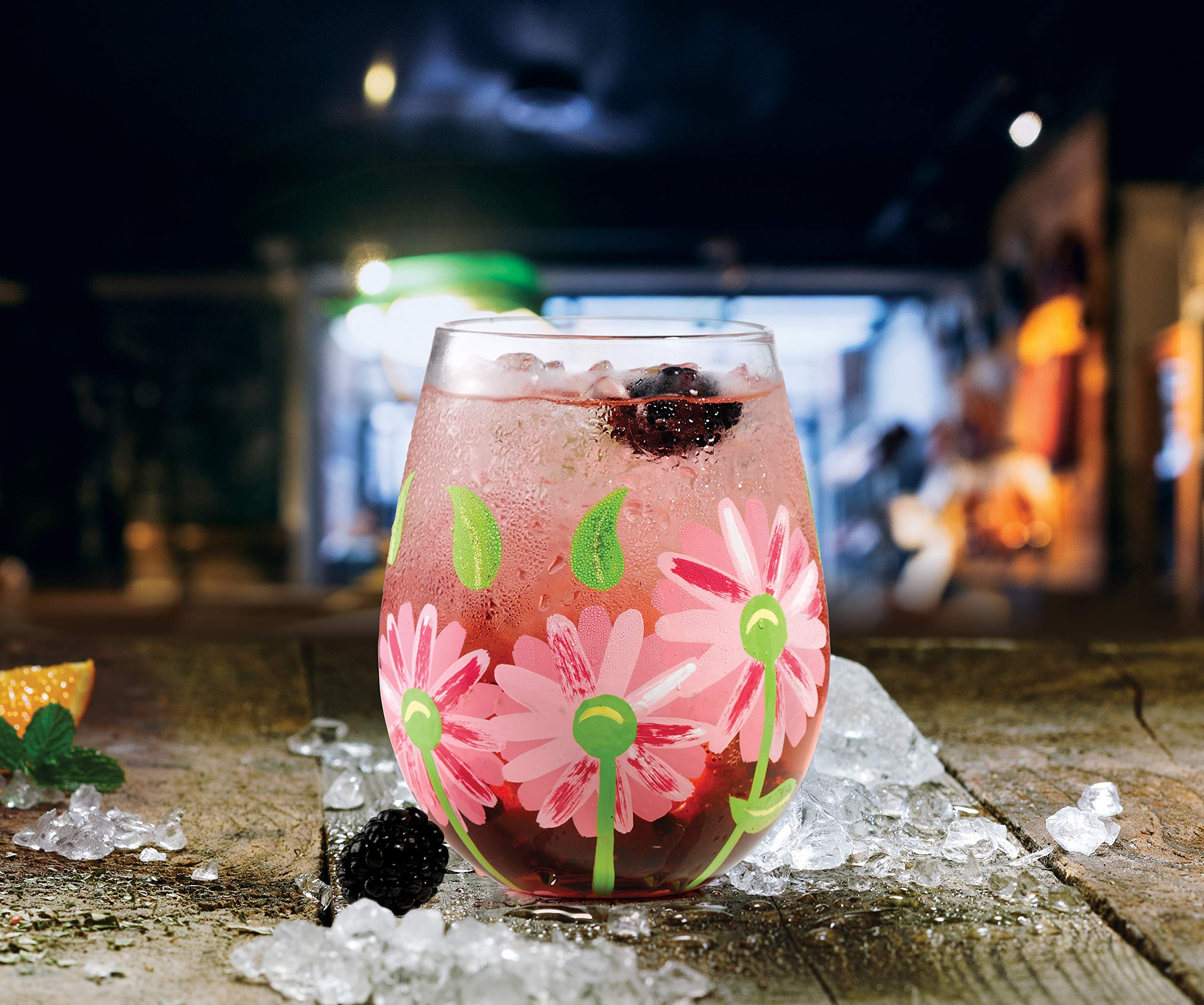 Designs by Lolita “Oops a Daisy” Hand-painted Artisan Stemless Wine Glass, 20 oz.
