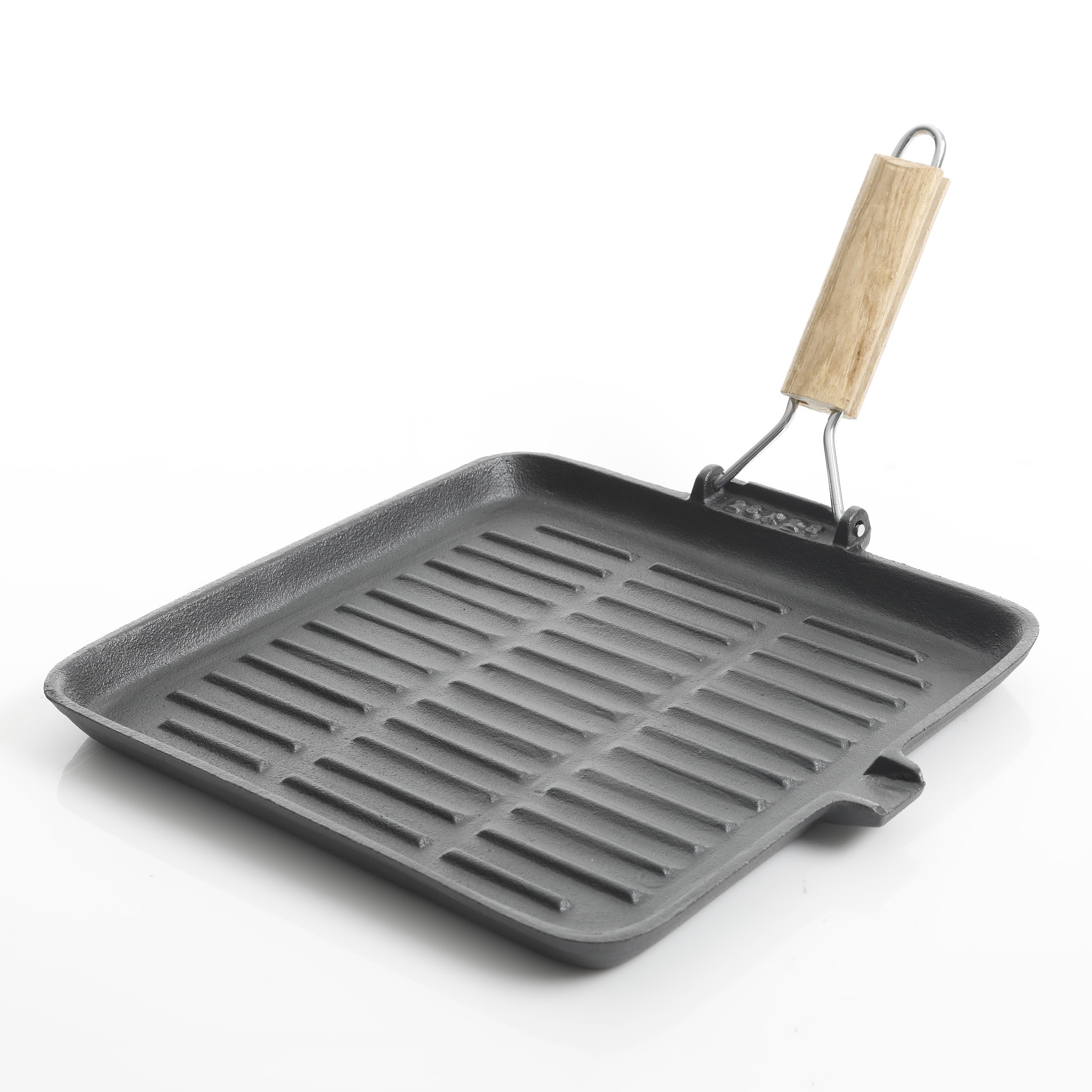 Gibson Home General Store Addlestone Preseasoned Grill Pan, with Foldable Wood Handle, Cast Iron, 11-inches Square, 124974.01, Black