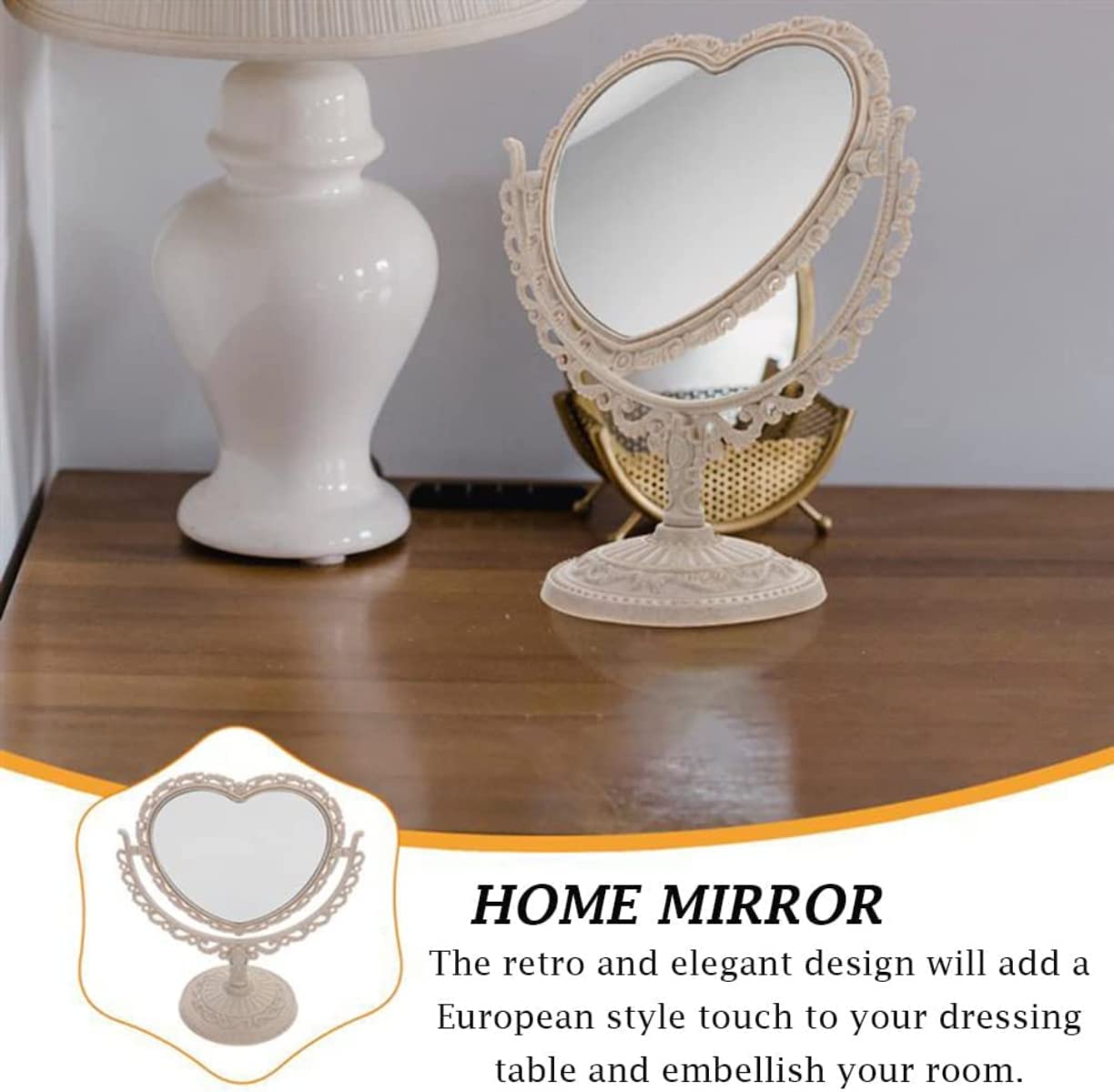 FEIYU BUY 1 Pack Simple and Lovely Heart-Shaped Cosmetic Mirror Plastic Double-Sided Rotatable Dresser Mirror Lightweight Mirror Bathroom Bedroom Mirror