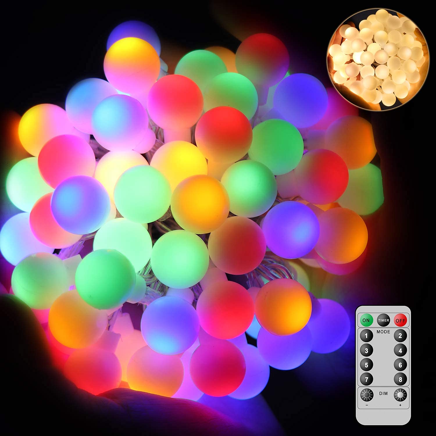 OMGAI Ball Fairy Lights, 17Ft 60 LED Waterproof Color Changing Globe String Lights with Remote Control for Outdoor, Home, Garden, Wedding, Party,Christmas Tree Decoration, Warm White and Multi-Color