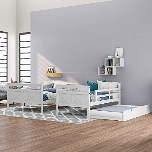 TARTOP Twin Over Full Bunk Bed with Trundle, Solid Wood Bunk Bed Frame with Ladder and Safety Guardrail, for Kids Teens Adults,No Spring Box Needed,White