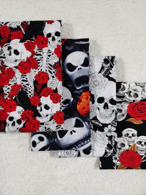 PUMCRAFT Sewing Fabric 4pcs 30 X 25cm Rose Skeleton Skull Cotton Fabric Floral Ghost Halloween Sewing Clothing Tissue Telas Textile Patchwork Bundle DIY - 30cm X 25cm Fabric Patchwork Craft