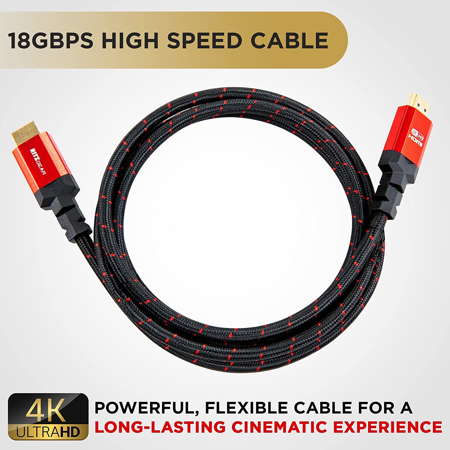 Ritz Gear 4K HDMI 2.0 Cable 2 ft. [5 Pack] 18 Gbps Ultra High Speed Braided Nylon Cord & Gold Connectors - 4K@60Hz/UHD/3D/2160p/1080p/ARC & Ethernet. Compatible with UHD TV/Monitor/PC/PS5/Xbox
