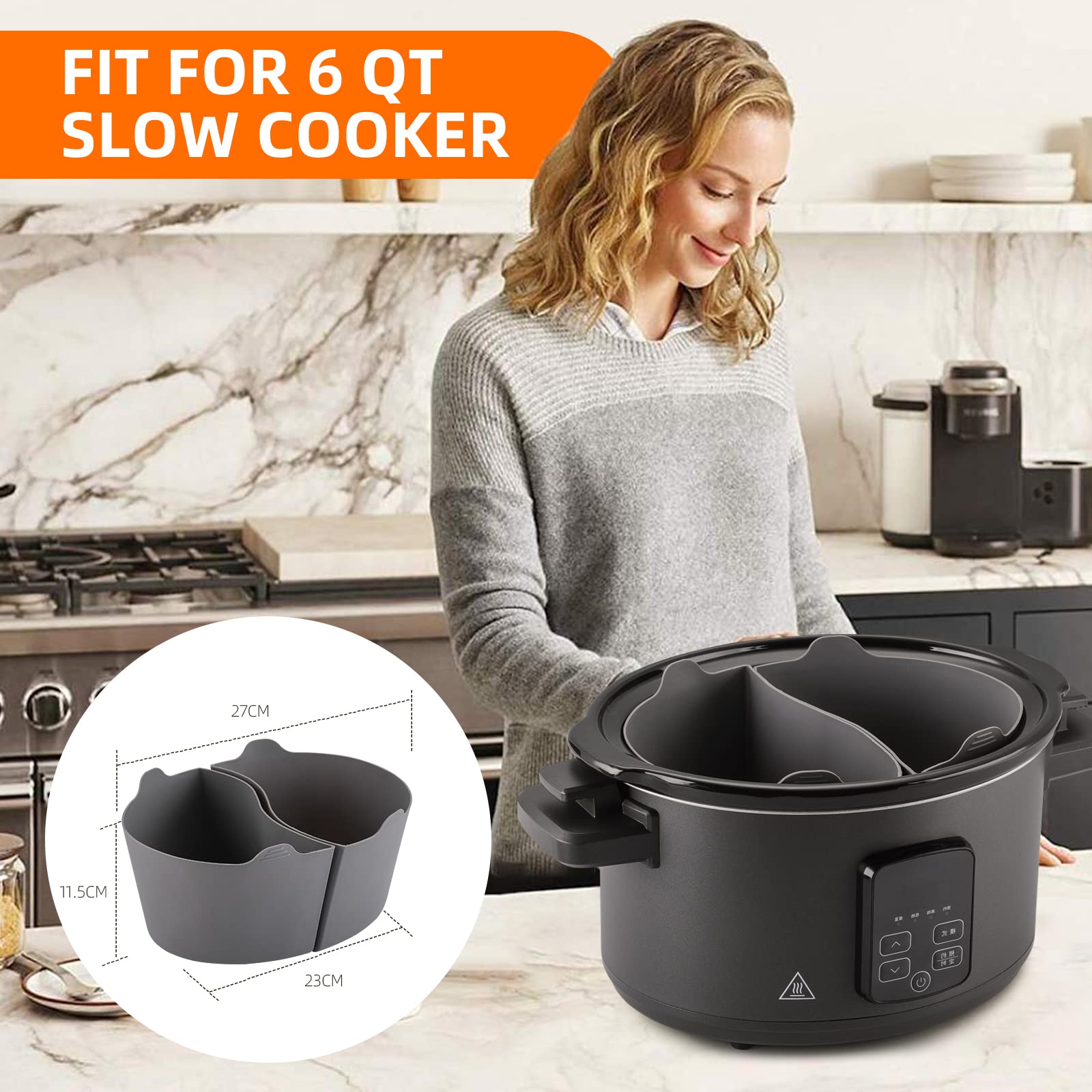 Essbhach Slow Cooker Divider Liners Fit 6 QT, Silicone Slow Cooker Liners, Reusable & Dishwasher Safe & Leakproof Slow Cooker Liner Inserts 2 Pack (Grey)