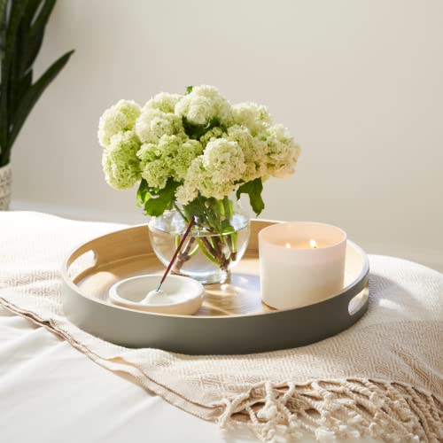 HABITAAS Spun Bamboo Serving Tray, Decorative Tray for Coffee Table, Ottoman Tray, Wooden Tray, Round Tray, Coffee Table Tray Decor, 13.75 Inches Large Round (Gray)