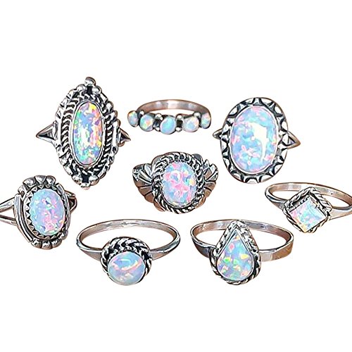 Chunky Rings Set 8Pcs Rings Set Natural Gemstone Fire Opal Diamond Ring Wedding Engagement Jewelry Retro Party Band Rings Rose Gold Silver