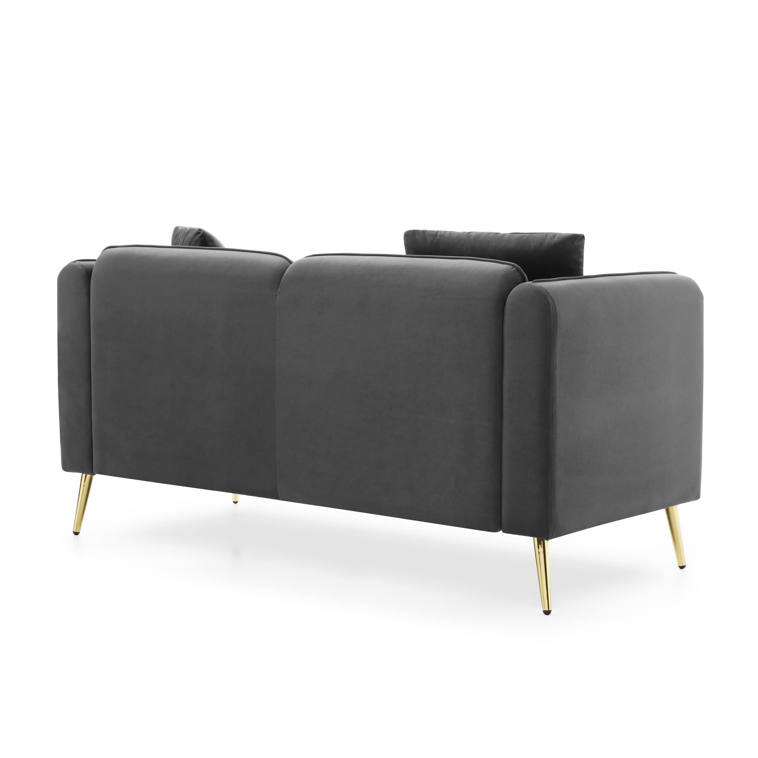HABITRIO 59" Solid Wood Frame Grey Velvet Upholstered Chesterfield Design Loveseat Sofa Couch with 2 Pillows, Gold Metal Leg, Removable Cushion, Left Side Pocket, Fit for Living Room, Bedroom
