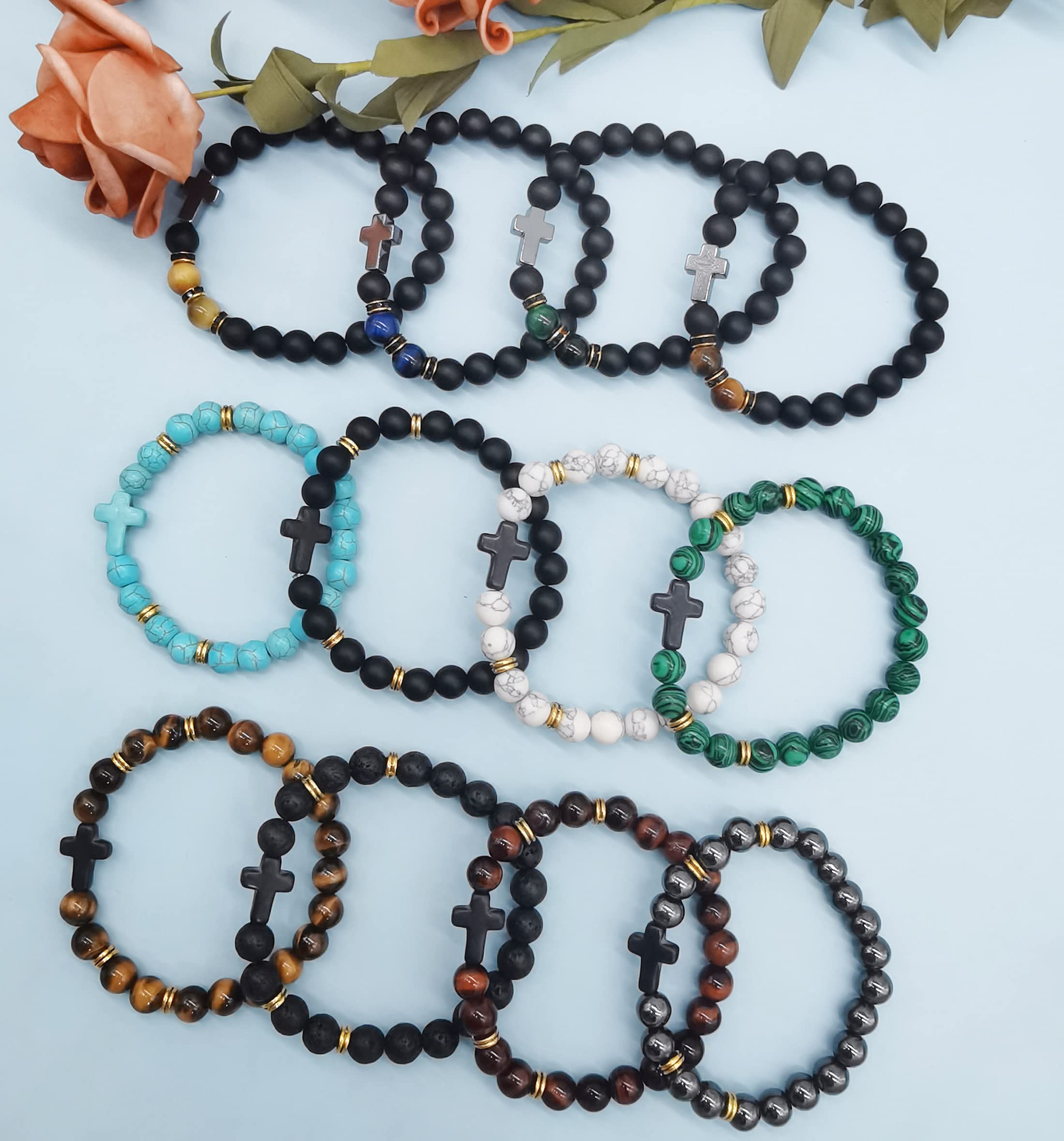 CASDAN 12Pcs Cross Beads Bracelet for Men Women 8mm Lava Tiger Eye Stone Stretch Bracelets Set