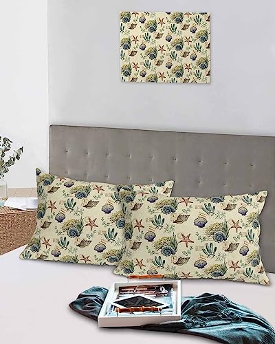 Edwiinsa Summer Beach Pillow Covers Standard Size Set of 2 20x26 Bed Pillow, Ocean Coastal Conch Shell Starfish Farmhouse Plush Soft Comfort for Hair/Skin Cooling Pillowcases with Envelop Closure