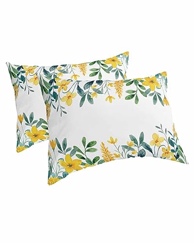 Edwiinsa Summer Tropical Plants Pillow Covers Standard Size Set of 2 20x26 Bed Pillow, Yellow Spring Floral Plush Soft Comfort for Hair/Skin Cooling Pillowcases with Envelop Closure