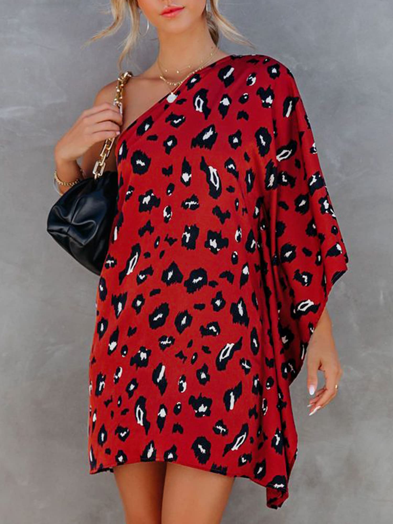 Chunoy Women Leopard Cheetach Print Casual Batwing Sleeve Side to Side One Shoulder Statement Flowy Mini Dress