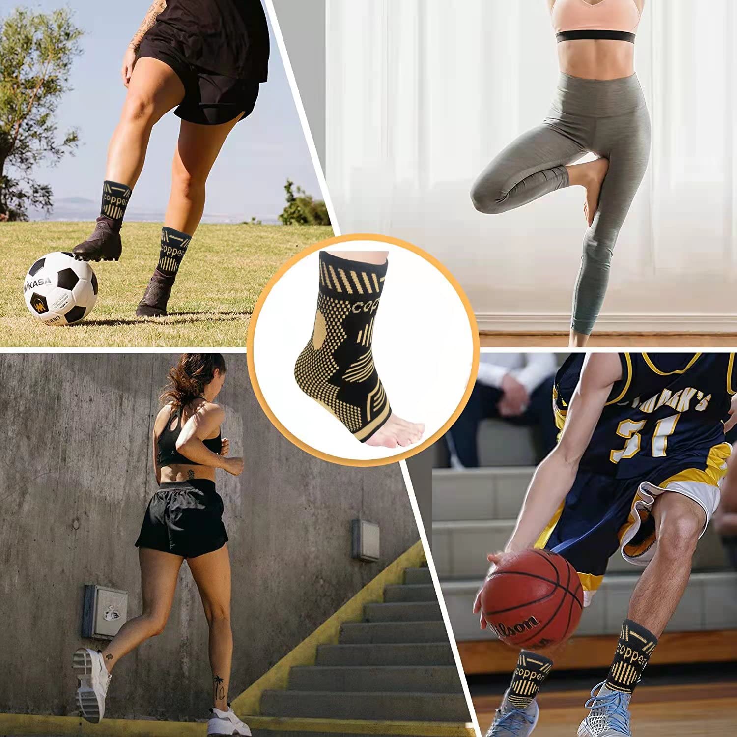Copper Ankle Brace Support for Men & Women, Ankle Stabilizer Compression Sleeve Socks for Prevent Ankle Injuries, Ankle Support Foot Brace for Sprained, Swelling, Achilles Tendonitis, Sport (Pair, XL)