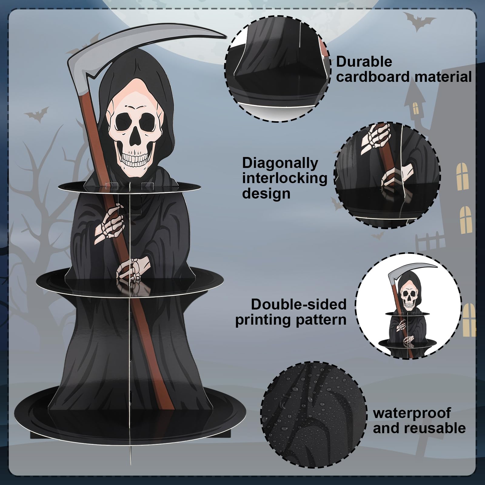 Halloween Cupcake Stand for 24 Cupcakes, Death and Tombstone Halloween Cupcake Decorations, Cardboard Cupcake 3 Tier and 2 Tier Set, Halloween Party Supplies. (Death)