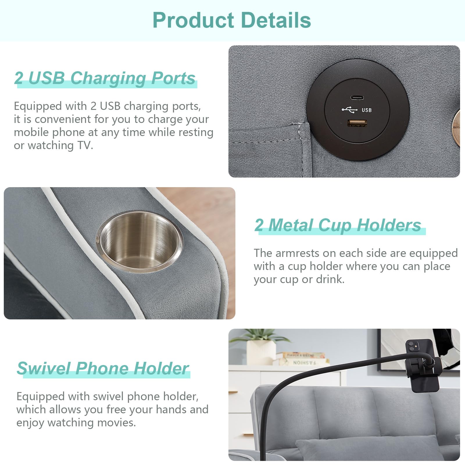Lakifun Convertible Sleeper Sofa Bed, Modern Velvet Loveseat w/Pull Out Couch, 54.7" Loveseats Sofa w/Adjsutable Backrest, Cup Holders and USB Port, Swivel Phone Stand,Grey