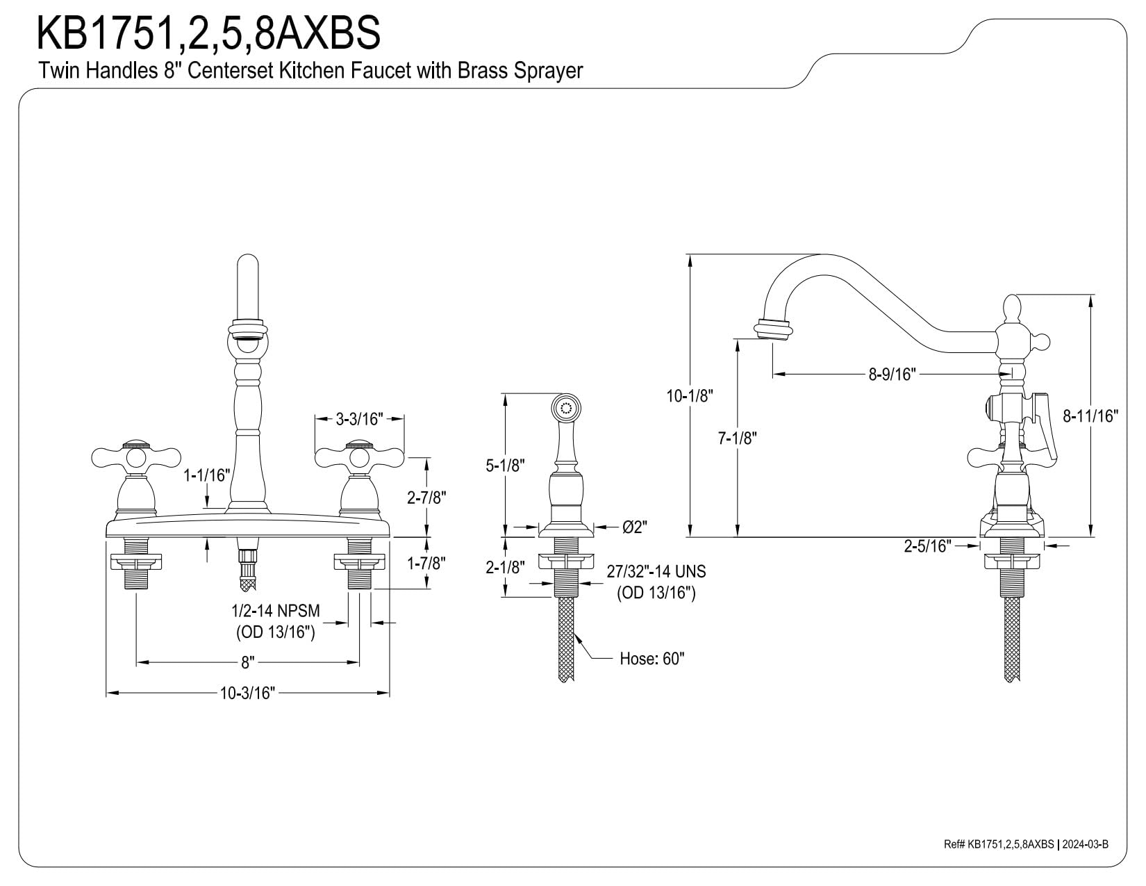 Kingston Brass KB1752AXBS Heritage 8-Inch Centerset Kitchen Faucet, Polished Brass
