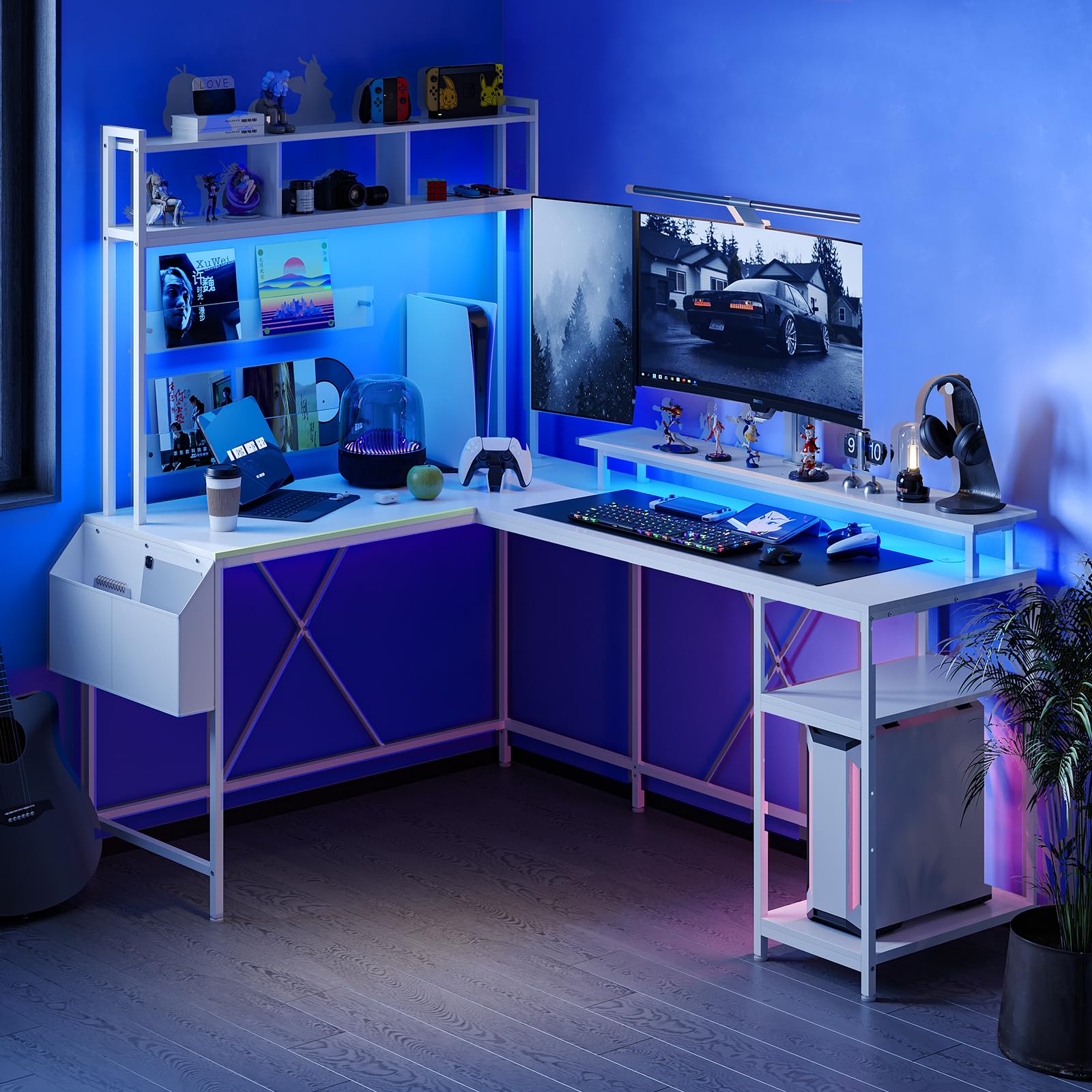 Jojoka L Shaped Computer Gaming Desk with LED Lights & Power Outlets, 67" Reversible Large L-Shaped Desk with Monitor Stand & Storage Shelves (White)